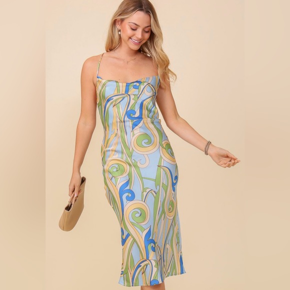 Timing | Dresses | Satin Retro Print Crisscross Midi Dress | Poshmark
